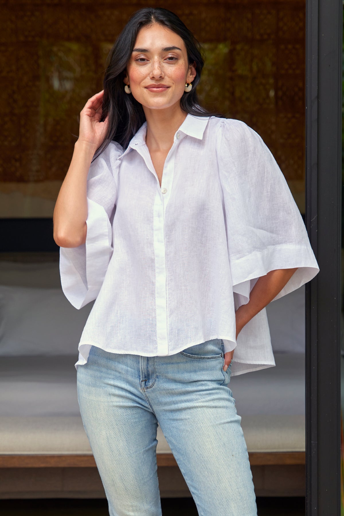 Collin | White Cape Sleeved Oversize Linen Blouse | Finley Shirts