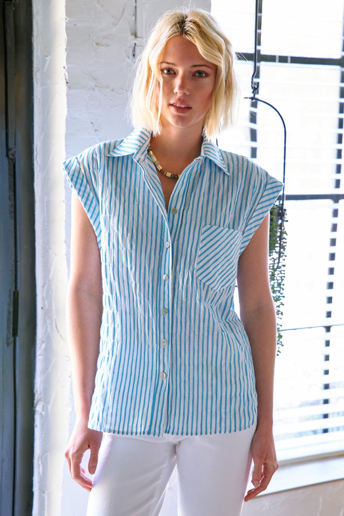 Women's Turquoise Textured Stripe Cap Sleeve Button Down Blouse