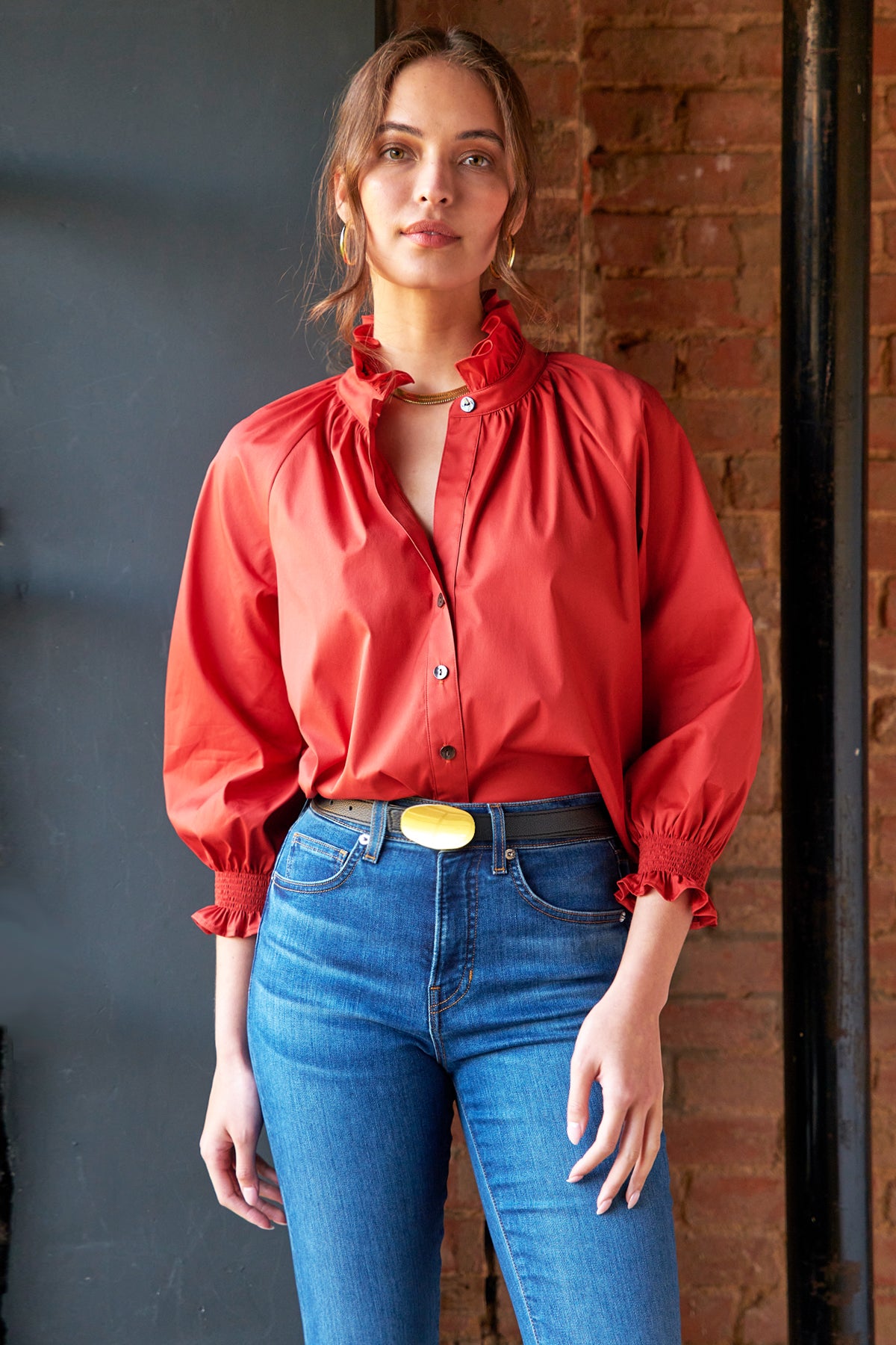Fiona | Cinnamon Red Poplin Ruffle Collar Top with Blouson Sleeves | Finley