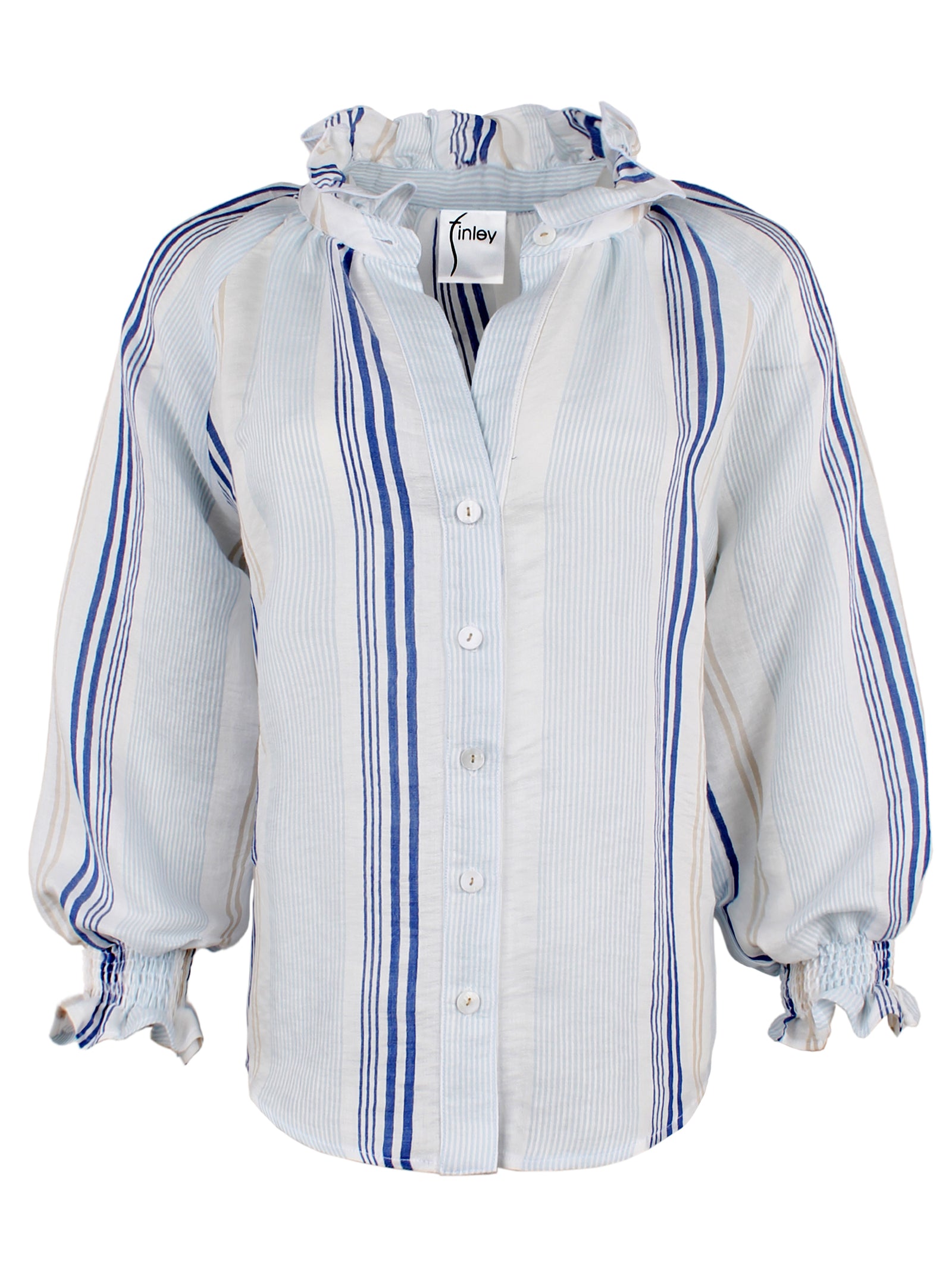 Fiona | Blue Striped Ruffle Collar Top with Blouson Sleeves | Finley